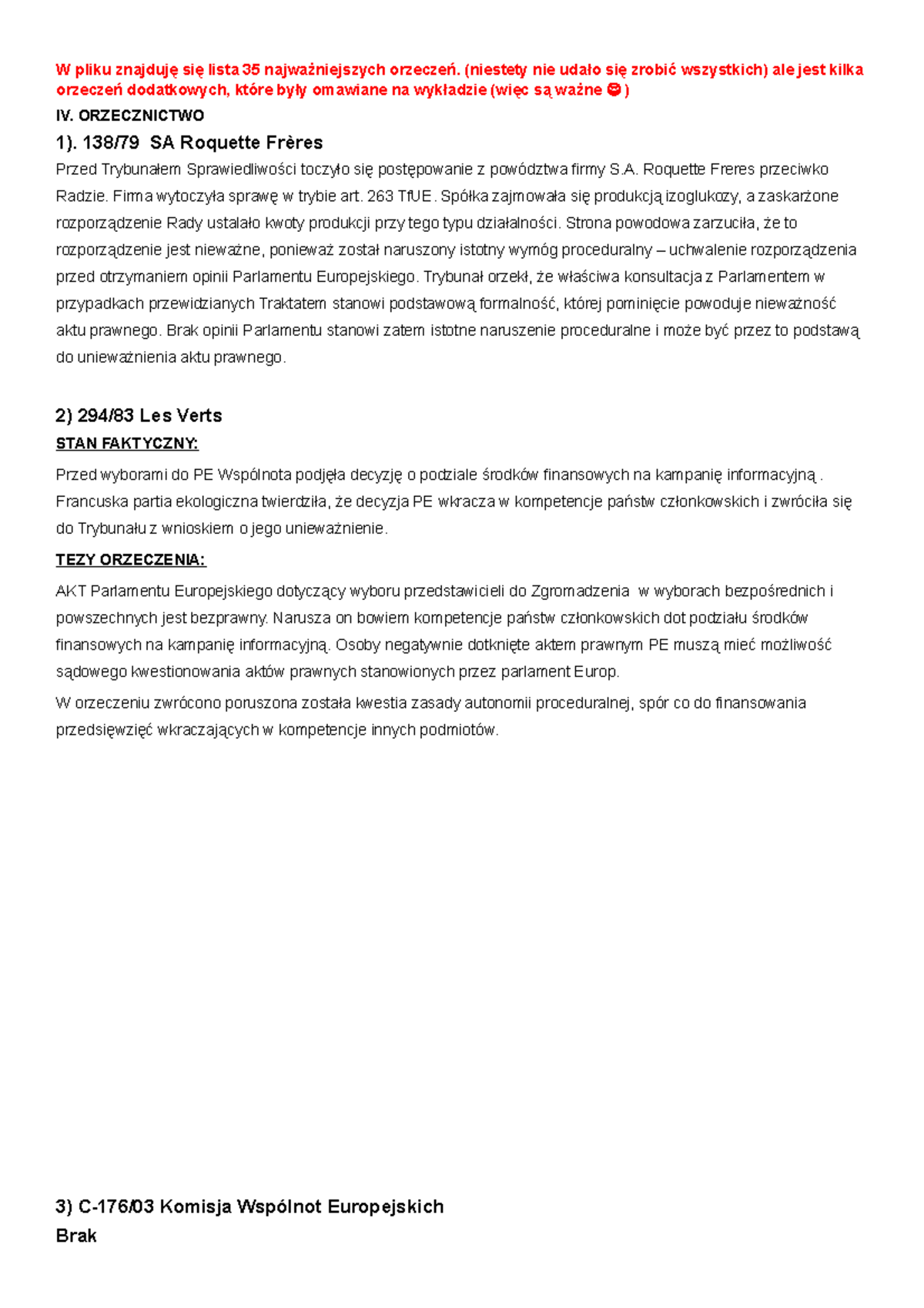 UE-orzeczenia - Prawo Unii Europejskie, orzeczenia - W pliku znajduję się lista 35 ...