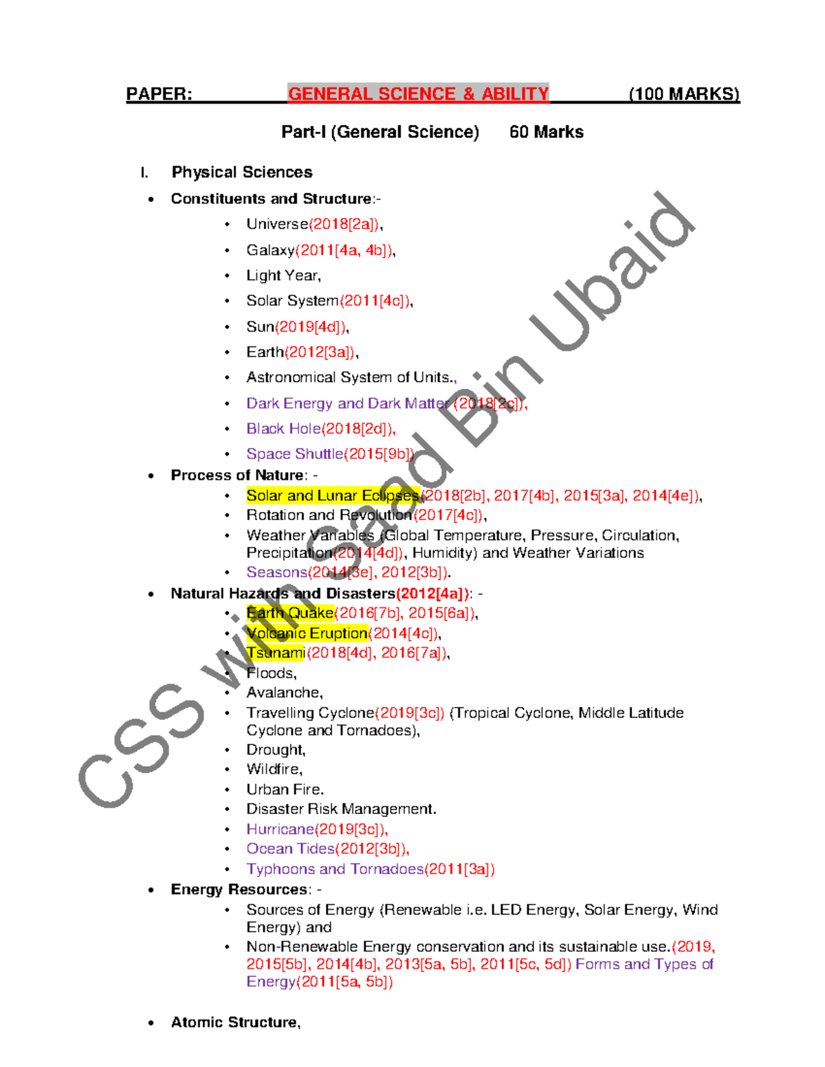 Syllabus Breakdown (GSA) - PAPER: GENERAL SCIENCE & ABILITY (100 MARKS ...
