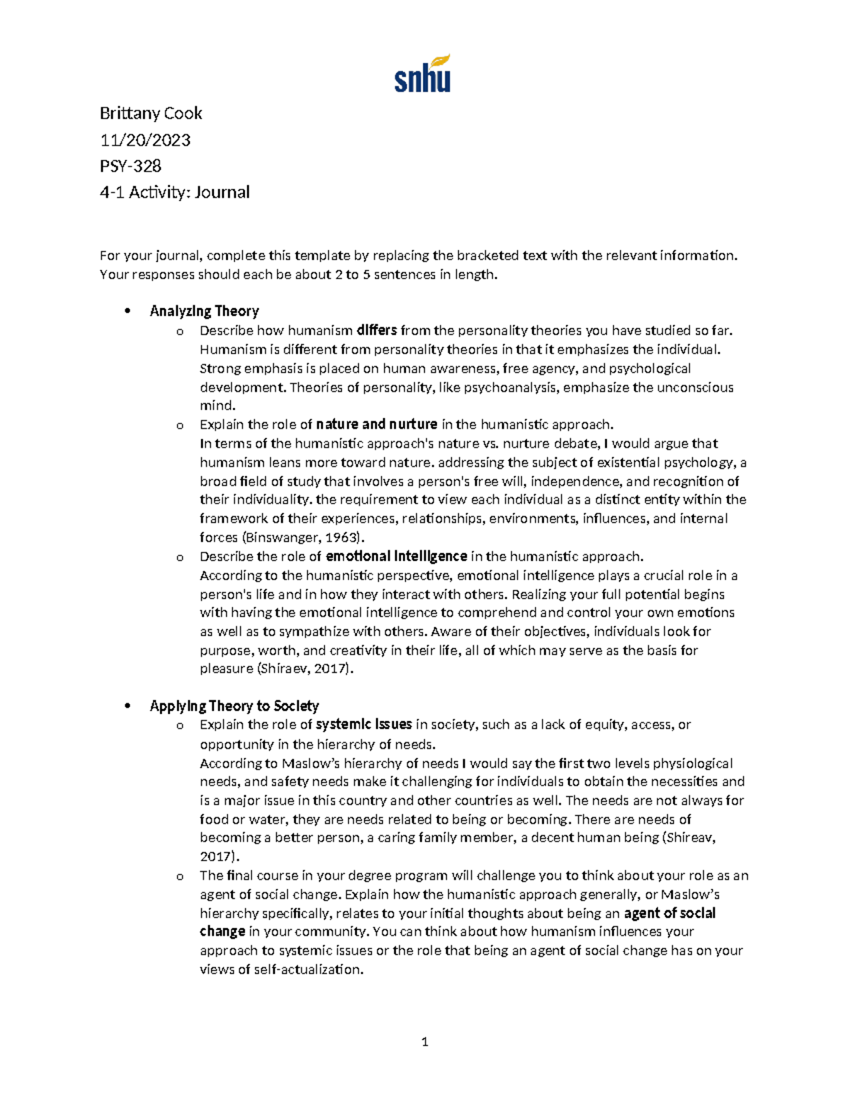 PSY 328 Module Four Journal Template - Brittany Cook 11/20/ PSY- 4-1 ...