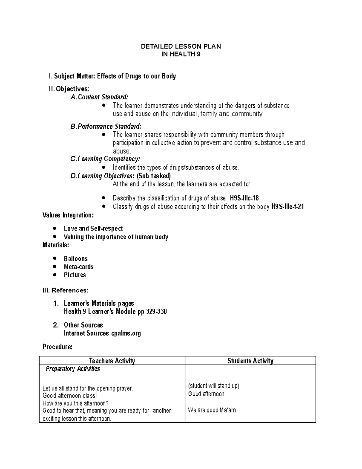Detailed Lesson PLAN in Health 9 - DETAILED LESSON PLAN IN HEALTH 9 I ...