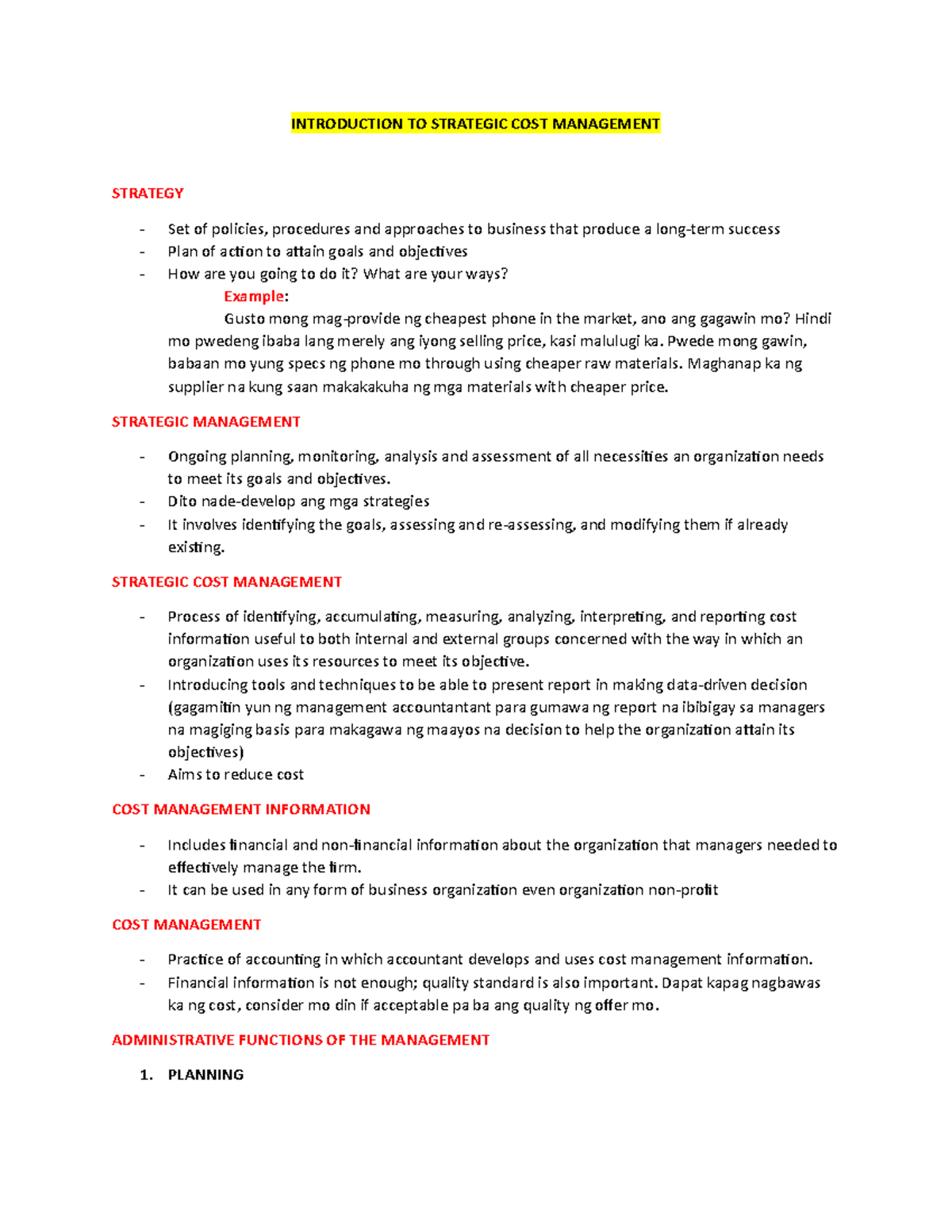 Introduction to Strategic Cost Management - Reviewer Notes ...