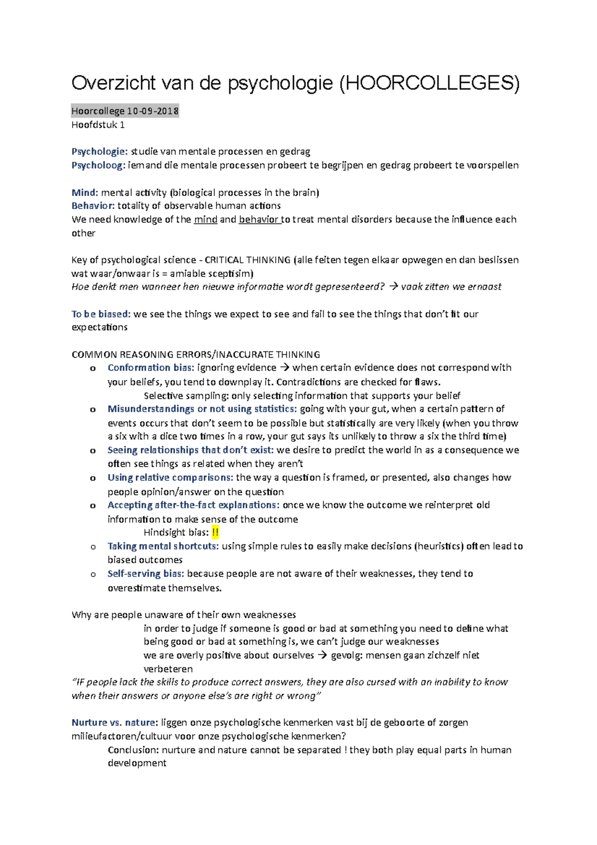 Overzicht Van De Psychologie 1e Deeltentamen Overzicht Van De