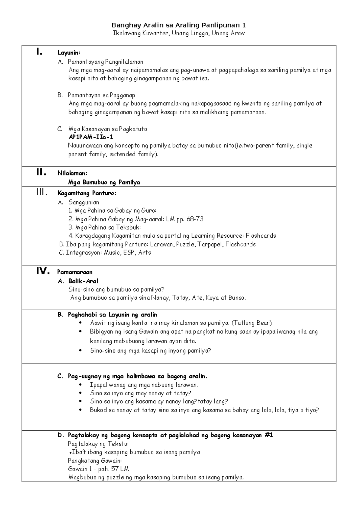 Banghay Aralin sa Araling Panlipunan 1 - Layunin: A. Pamantayang Pangnilalaman Ang mga mag-aaral ...