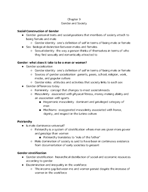 Soc 280 Ch 9 Notes - Chapter 9 Gender and Society Social Construction ...