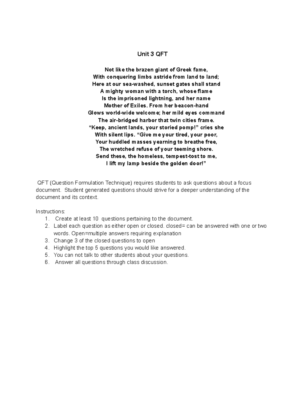 Unit 3 QFT - Question Formulation Technique requires students to ...