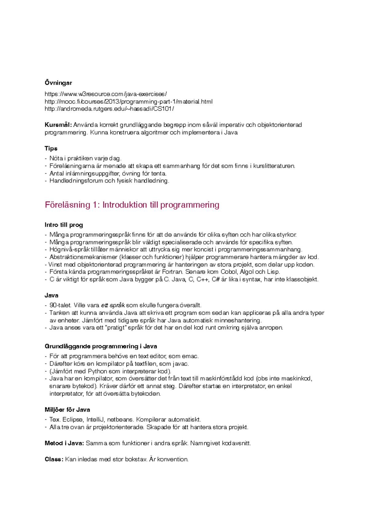 Prog Notes - Övningar w3resource/java-exercises/ mooc/courses/2013 ...
