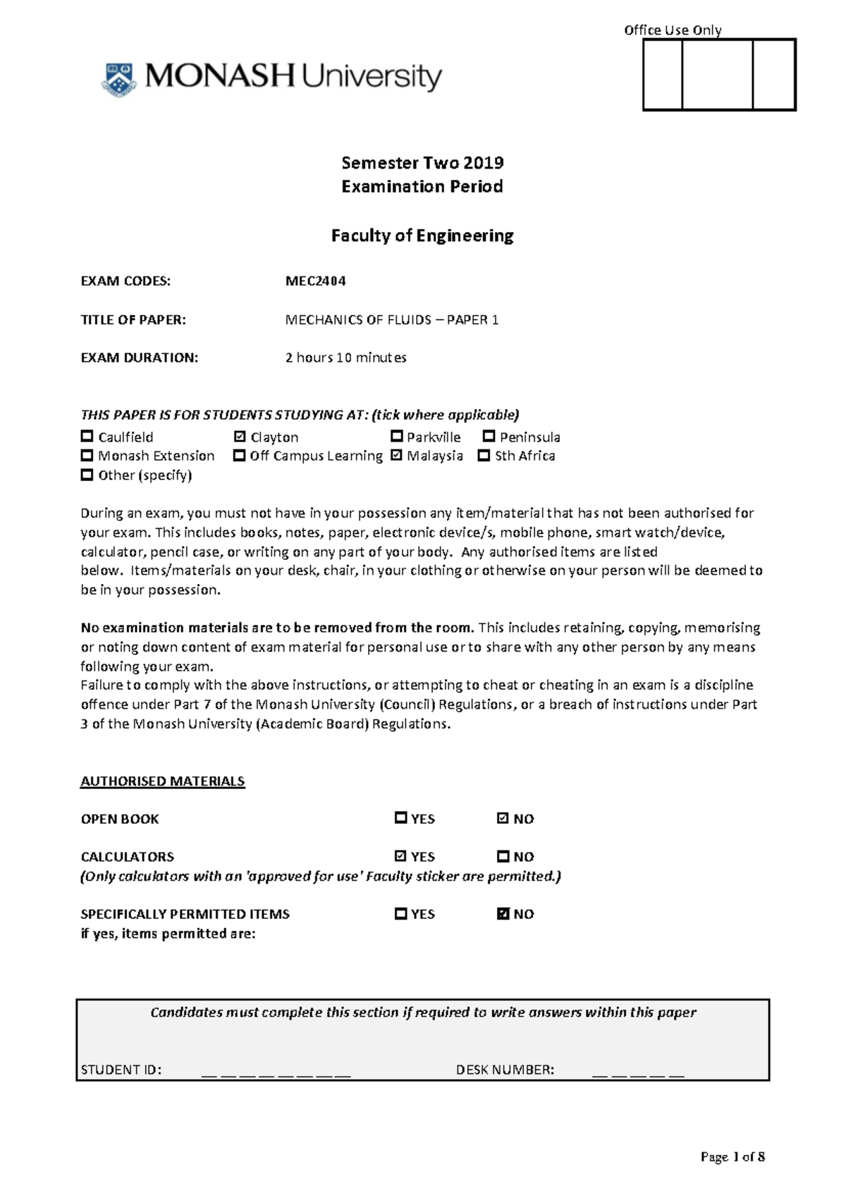 MEC2404 2019 S2 Exam - Office Use Only Semester Two 2019 Examination ...