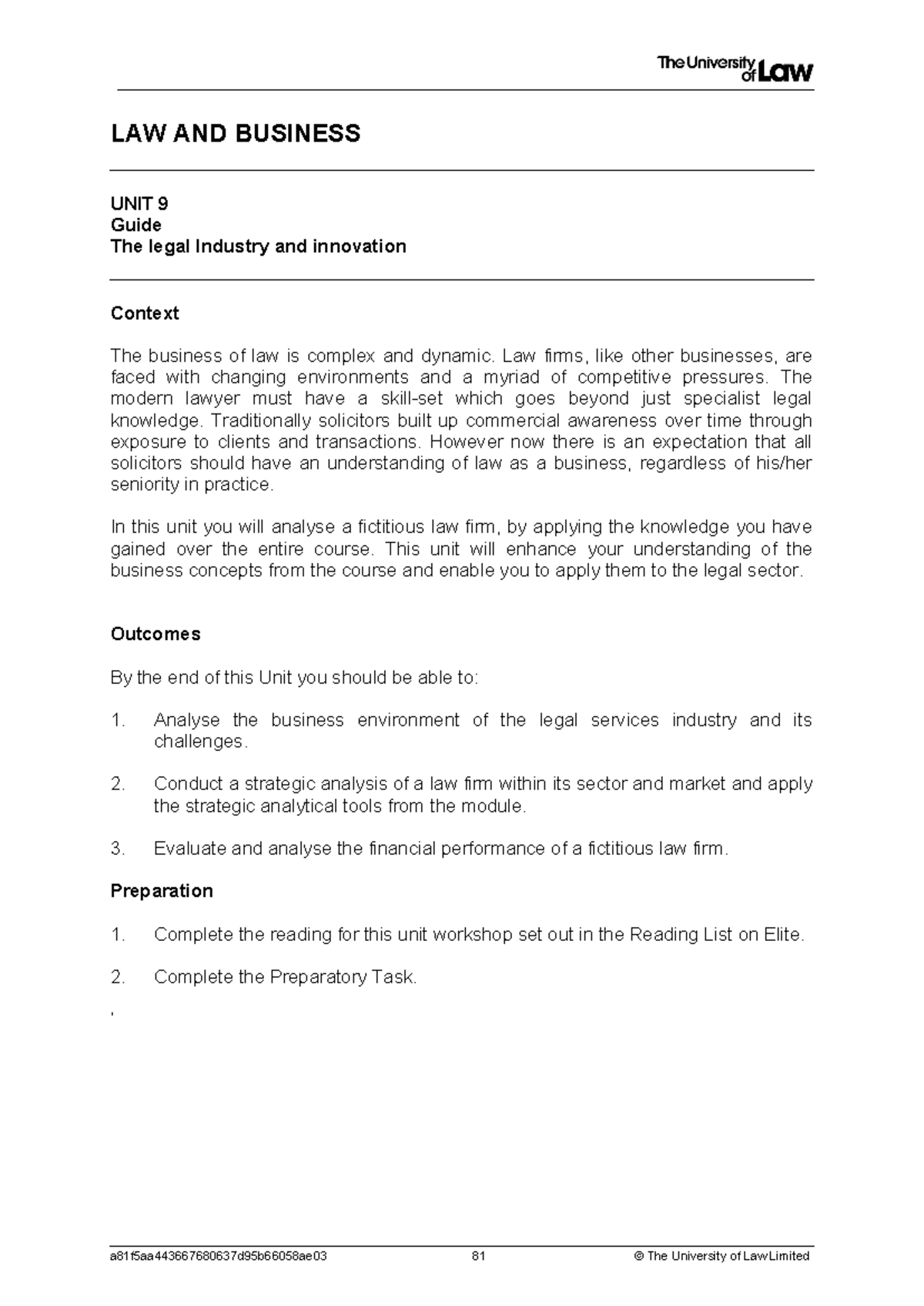 Law and Business WS 9 - Workshop Guide Unit 9 - LAW AND BUSINESS UNIT 9 Guide The legal Industry ...