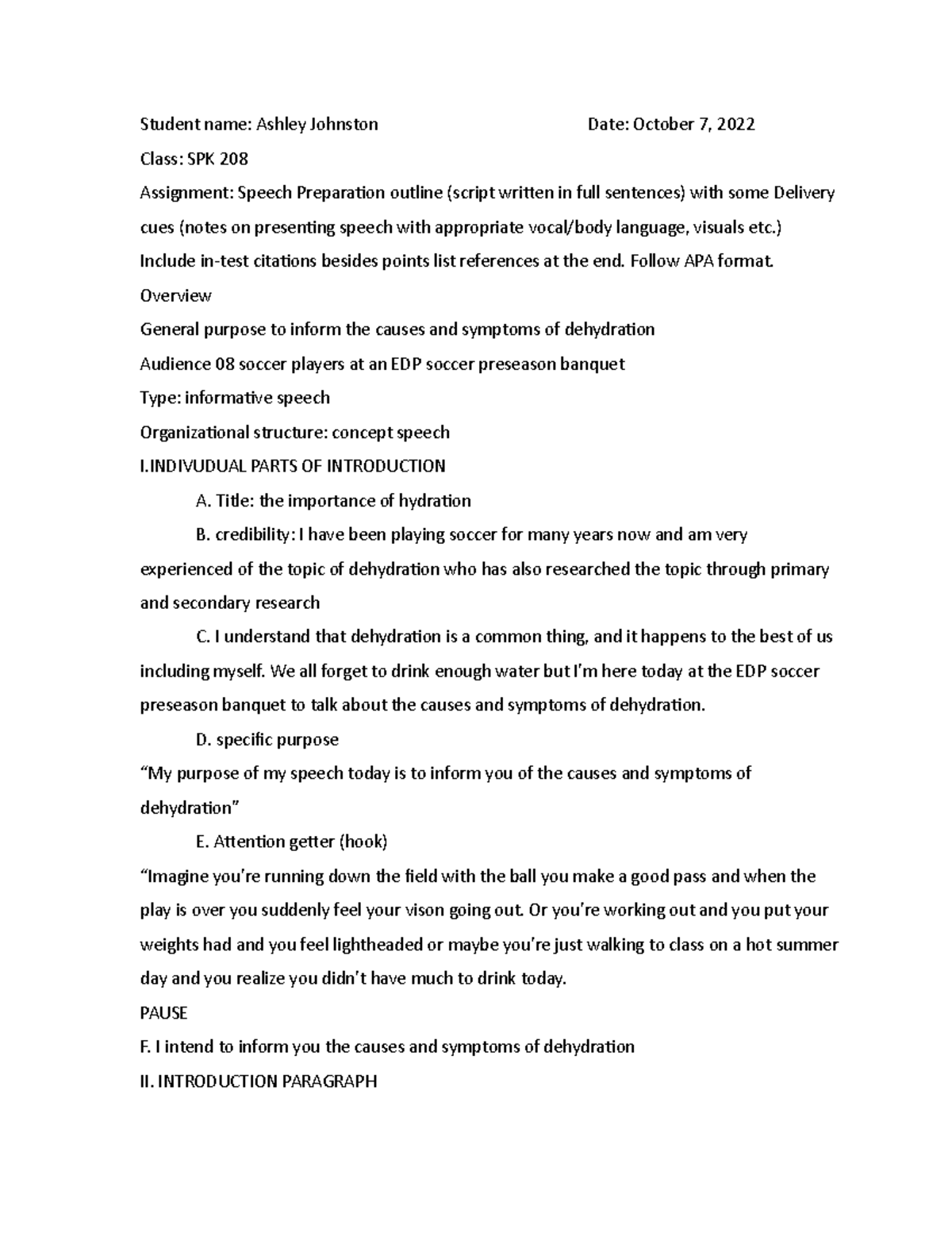 Informative speech outline - Student name: Ashley Johnston Date ...
