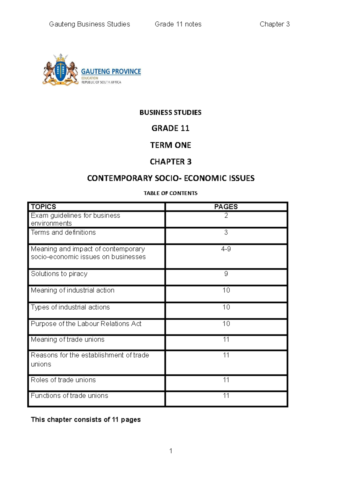 Chapter 3 notes - BUSINESS STUDIES GRADE 11 TERM ONE CHAPTER 3 ...