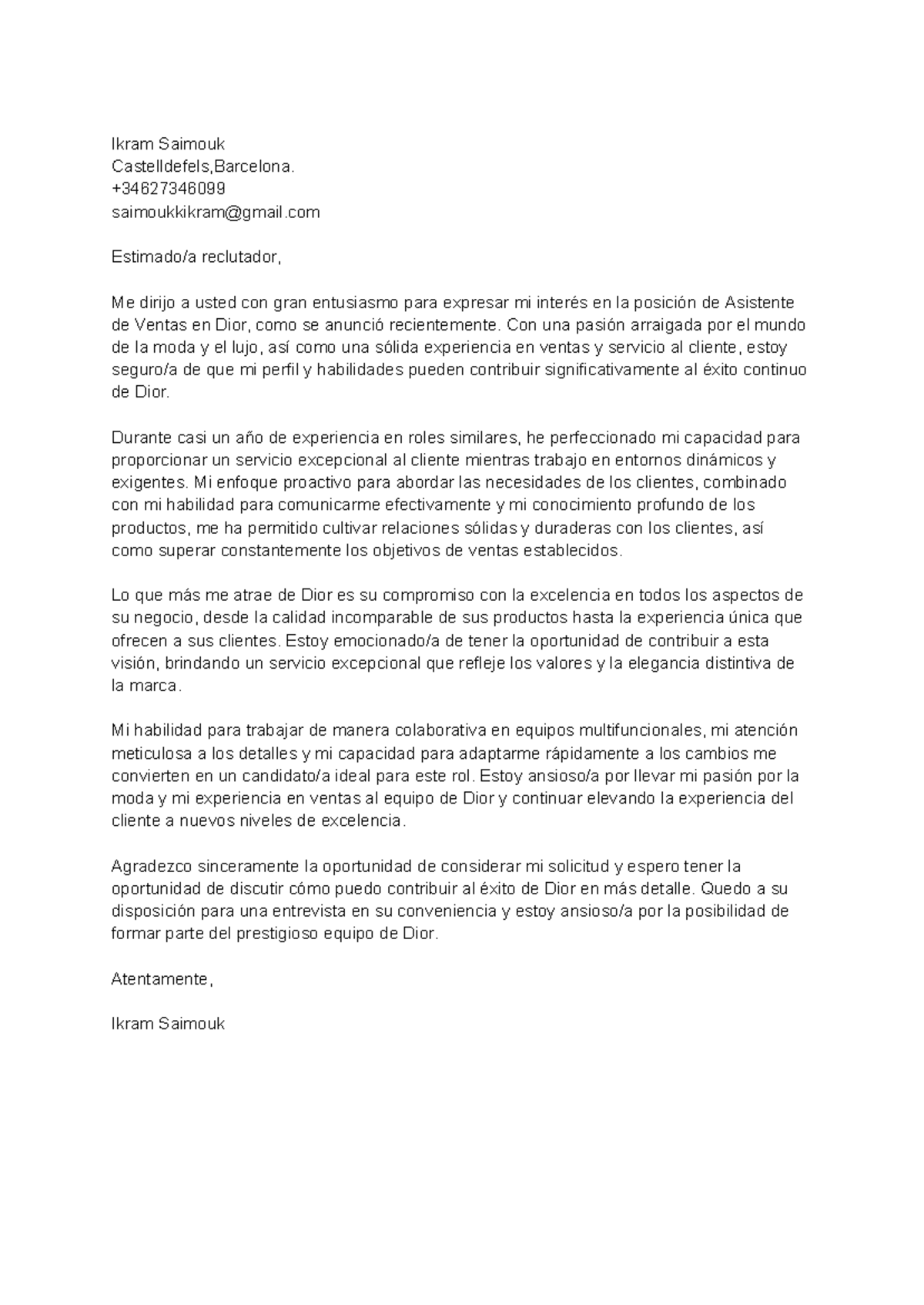 Cover letter Dior - Ikram Saimouk Castelldefels,Barcelona ...