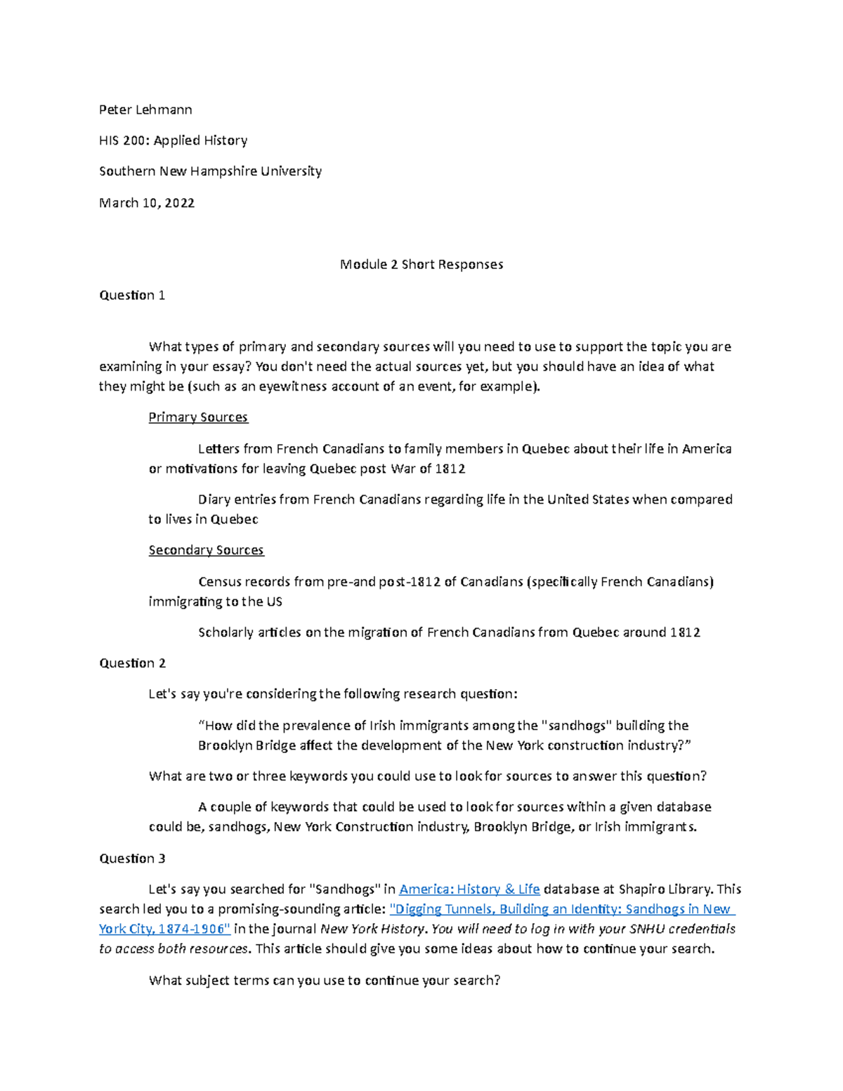 Module 2 Short Responses - Peter Lehmann HIS 200: Applied History ...