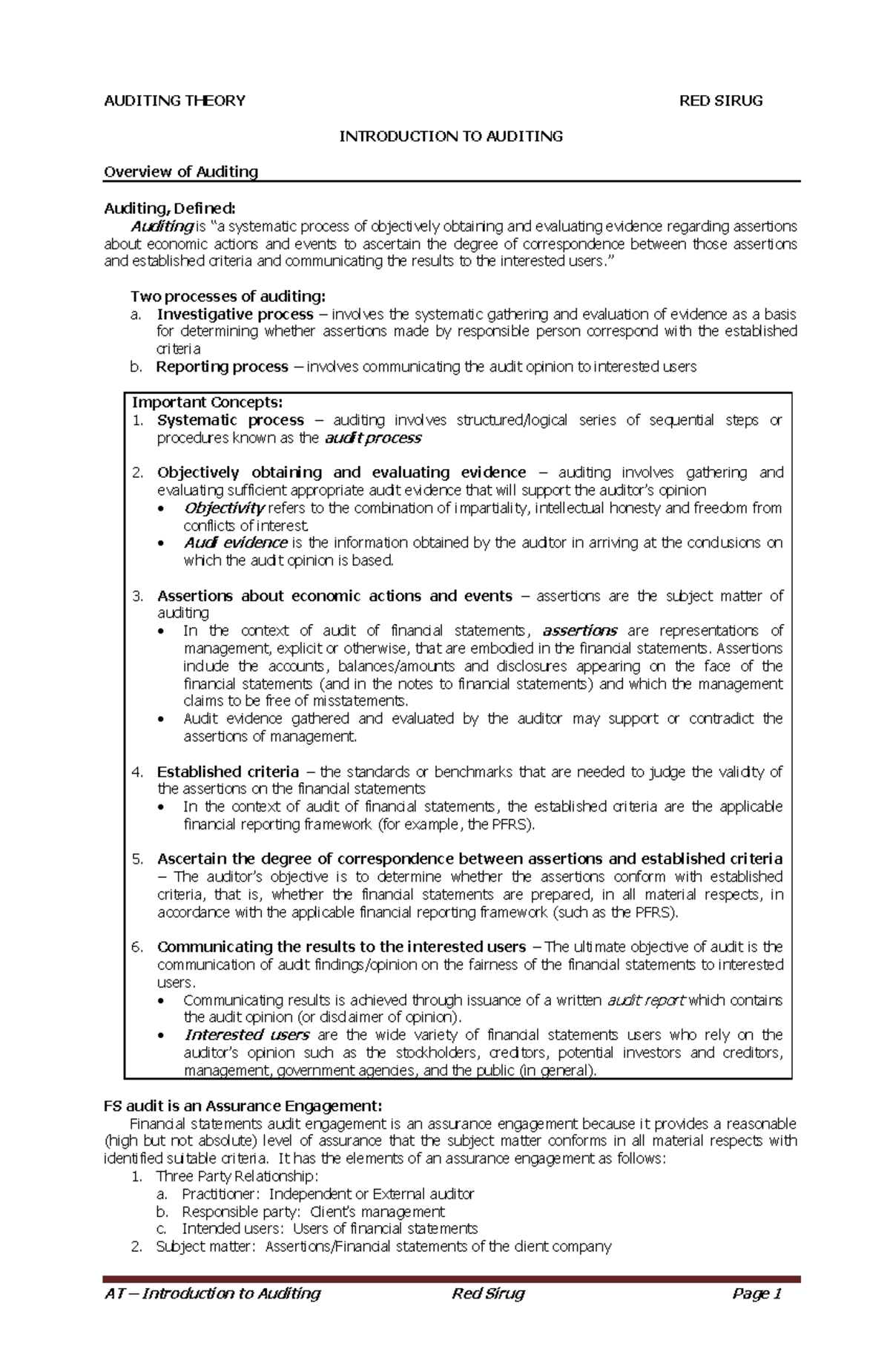 Introduction to Auditing - AUDITING THEORY RED SIRUG INTRODUCTION TO AUDITING Overview of ...