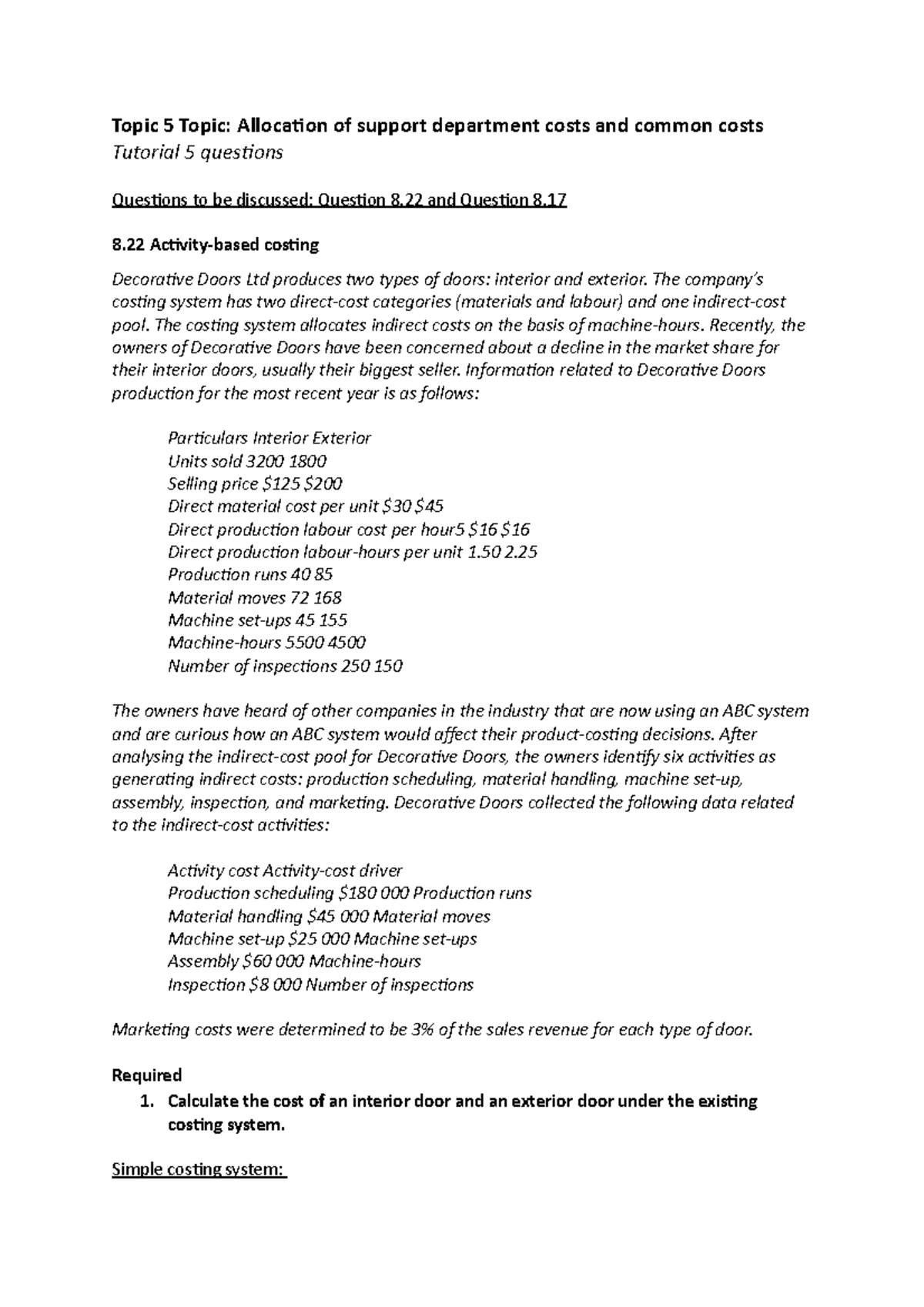 Tutorial 5 questions - Topic 5 Topic: Allocation of support department ...