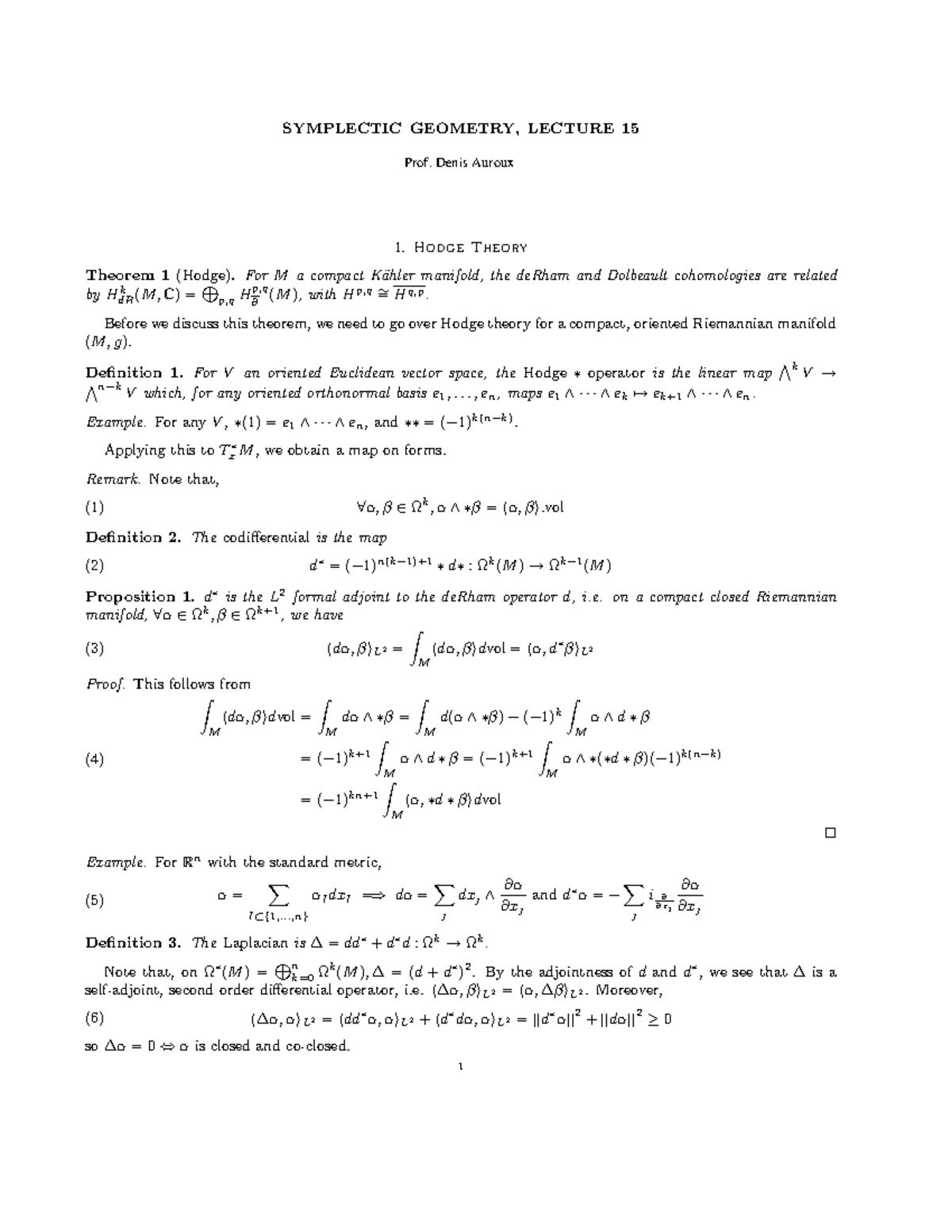 Lect15Hodge * operator on a Riemannian manifold; d* operator; Laplacian ...