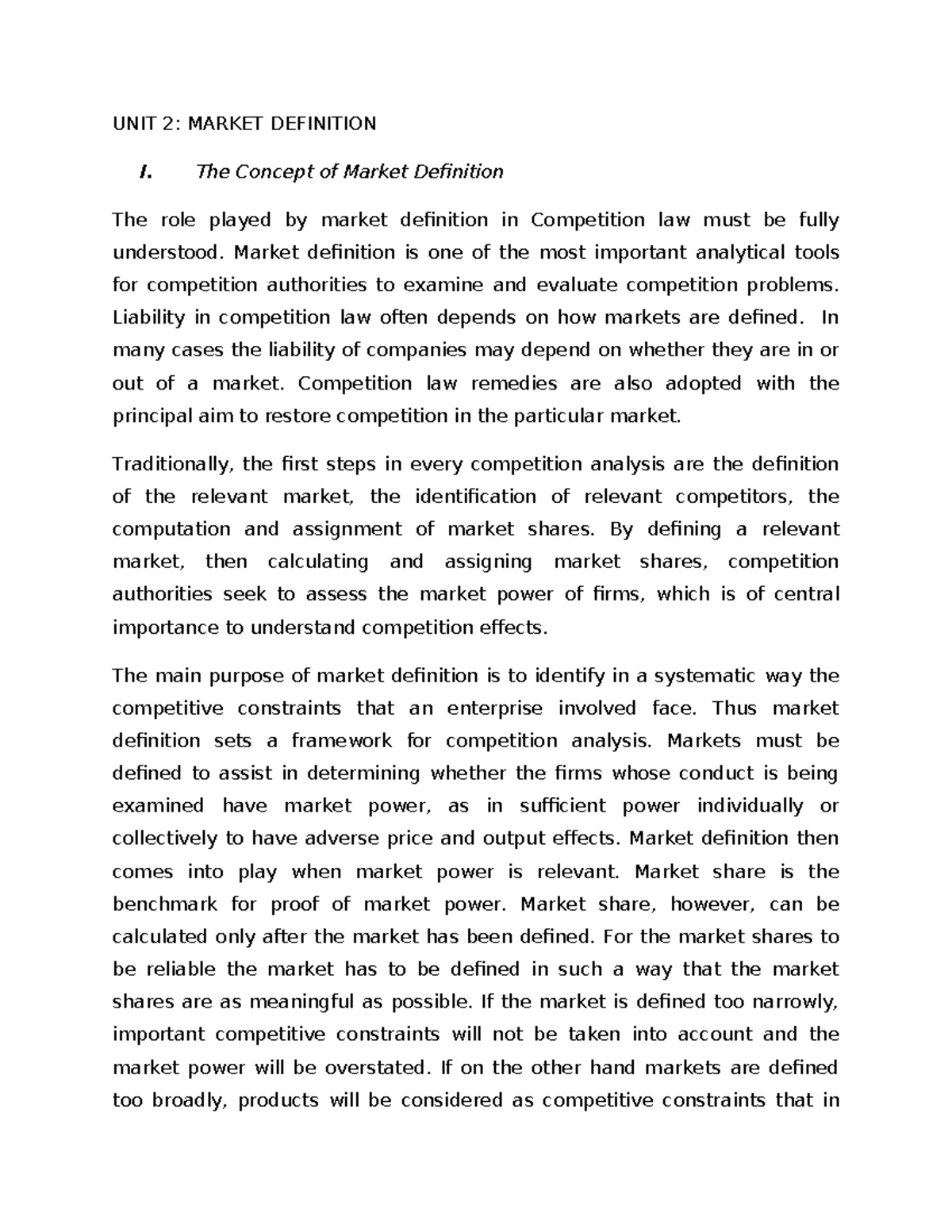 UNIT 2 Market Definition - UNIT 2: MARKET DEFINITION I. The Concept of ...