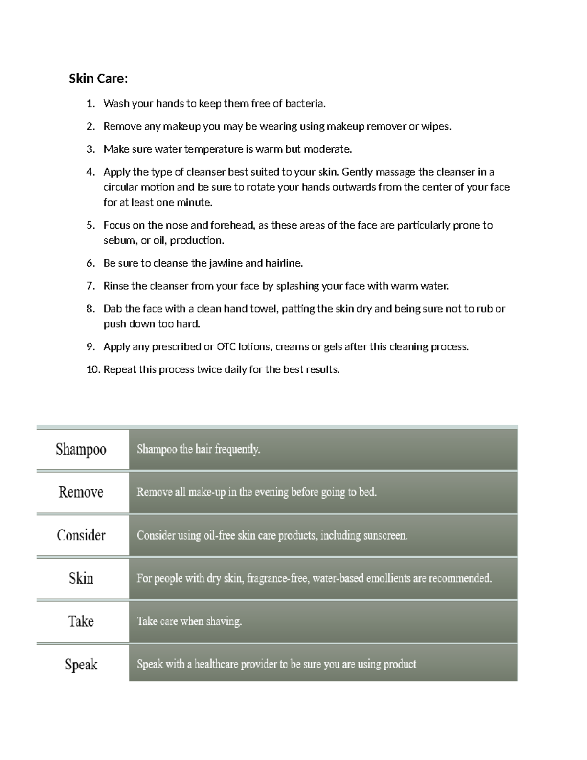 Teaching-osce - Skin Care: 1. Wash your hands to keep them free of ...