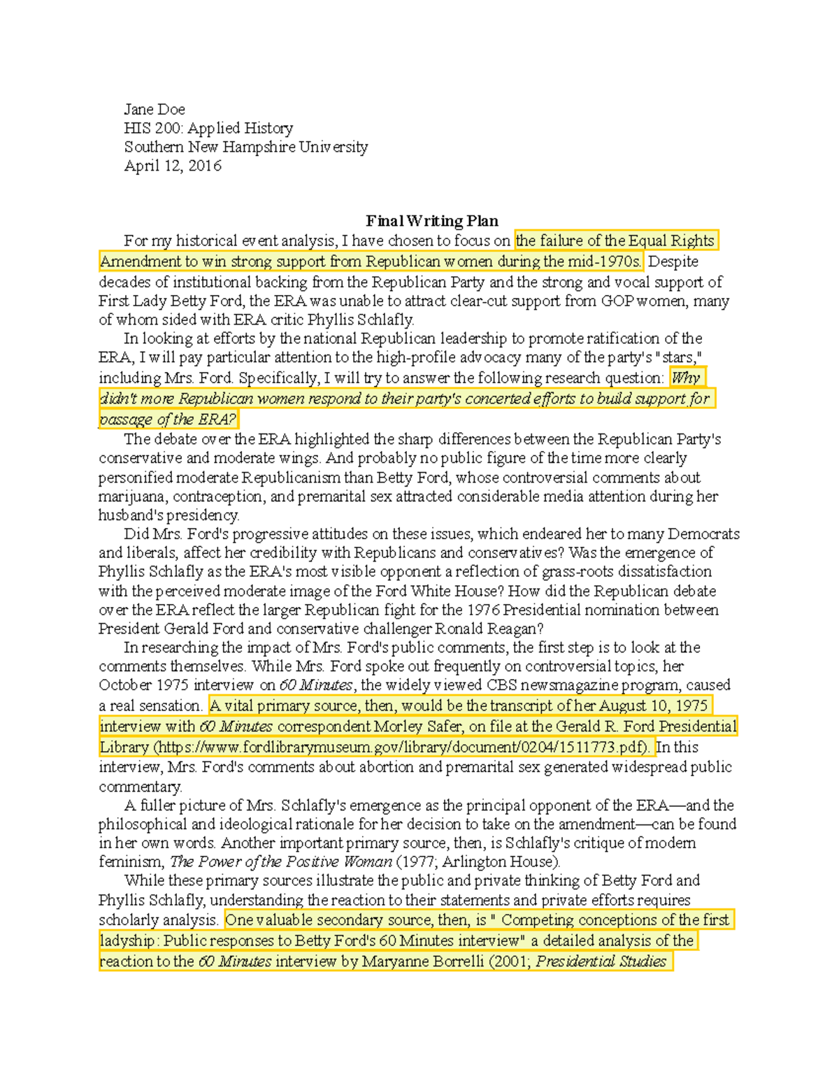 Example final writing plan - Jane Doe HIS 200: Applied History Southern ...