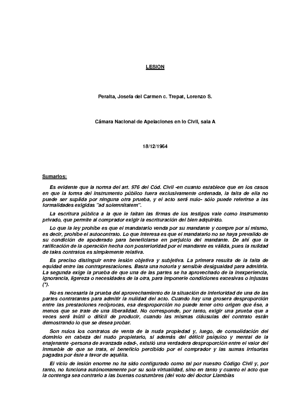 Unidad V Fallo - LESION Peralta, Josefa del Carmen c. Trepat, Lorenzo S. Cámara Nacional de ...