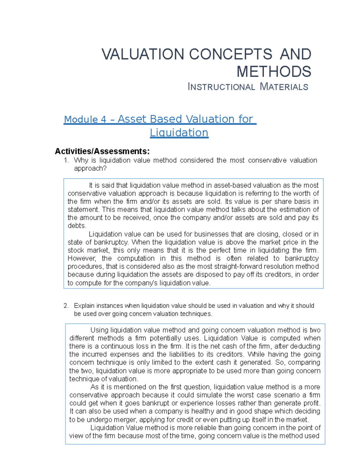 (Assignment 4) Valuation - VALUATION CONCEPTS AND METHODS INSTRUCTIONAL ...