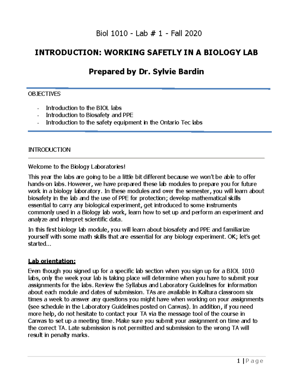 Lab 1- Introduction - Biol 1010 - Lab # 1 - Fall 2020 INTRODUCTION: WORKING SAFETLY IN A BIOLOGY ...