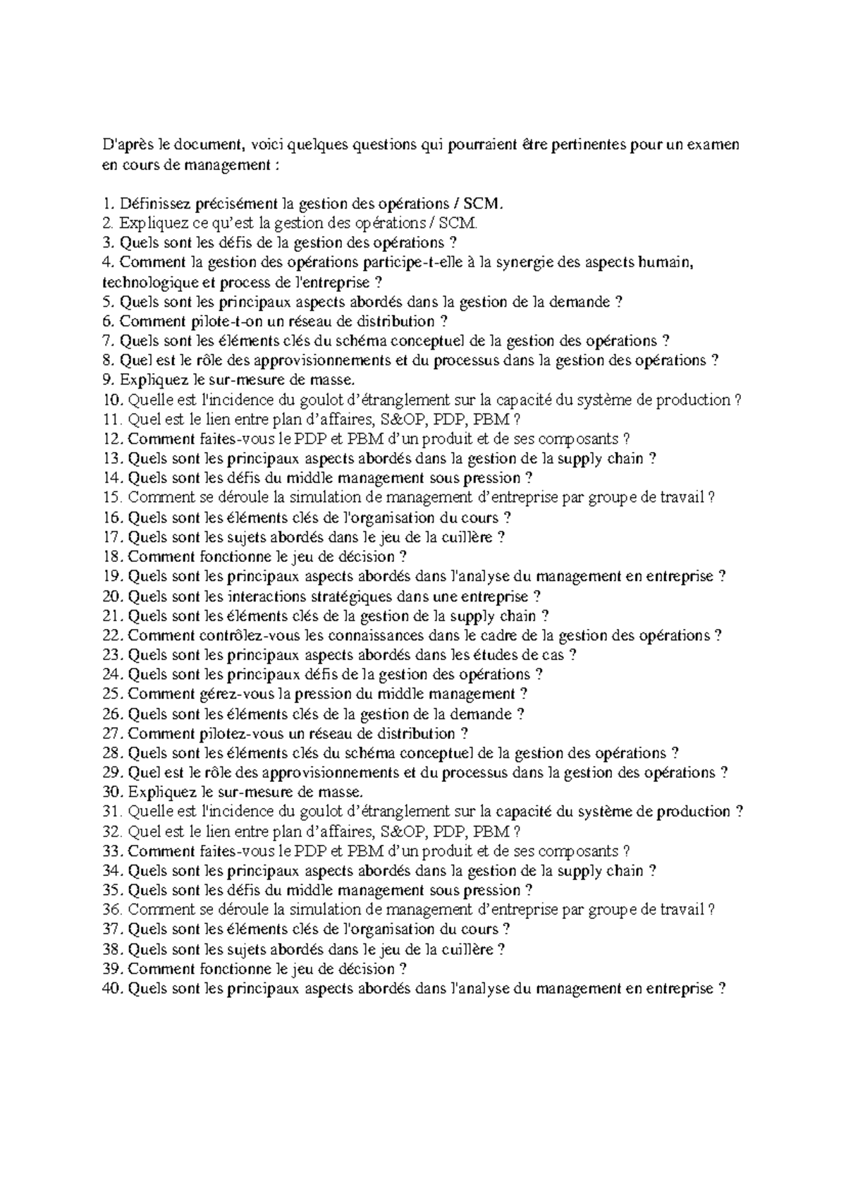 Managment - D'après le document, voici quelques questions qui ...