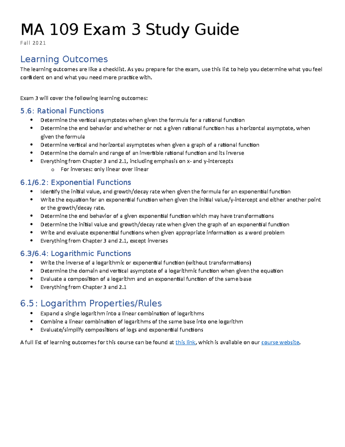 MA109 Exam 3 StudyGuide - MA 109 Exam 3 Study Guide Fall 2021 Learning ...