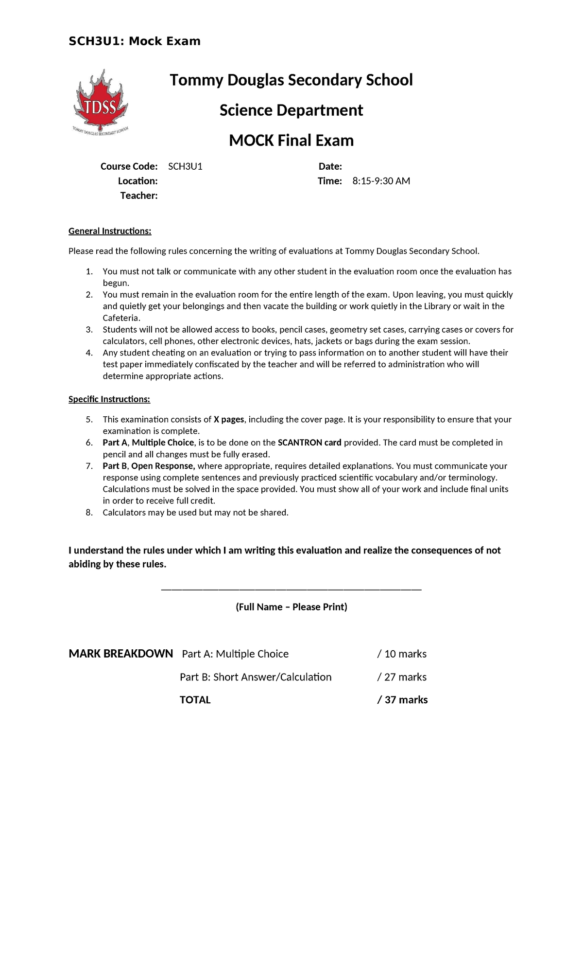 SCH3U1 Mock Exam - information - Tommy Douglas Secondary School Science ...