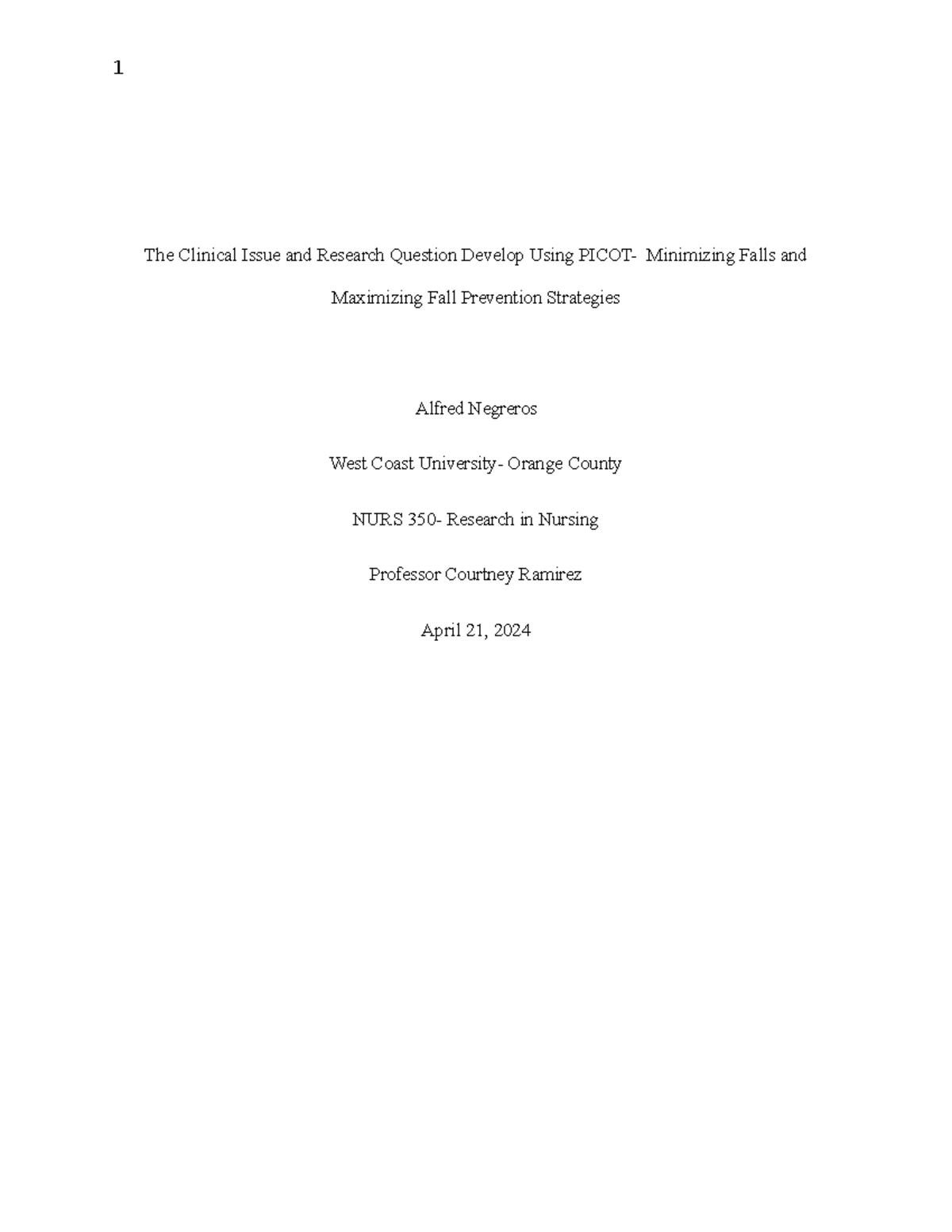 PICOT Fall Prevention - The Clinical Issue and Research Question ...
