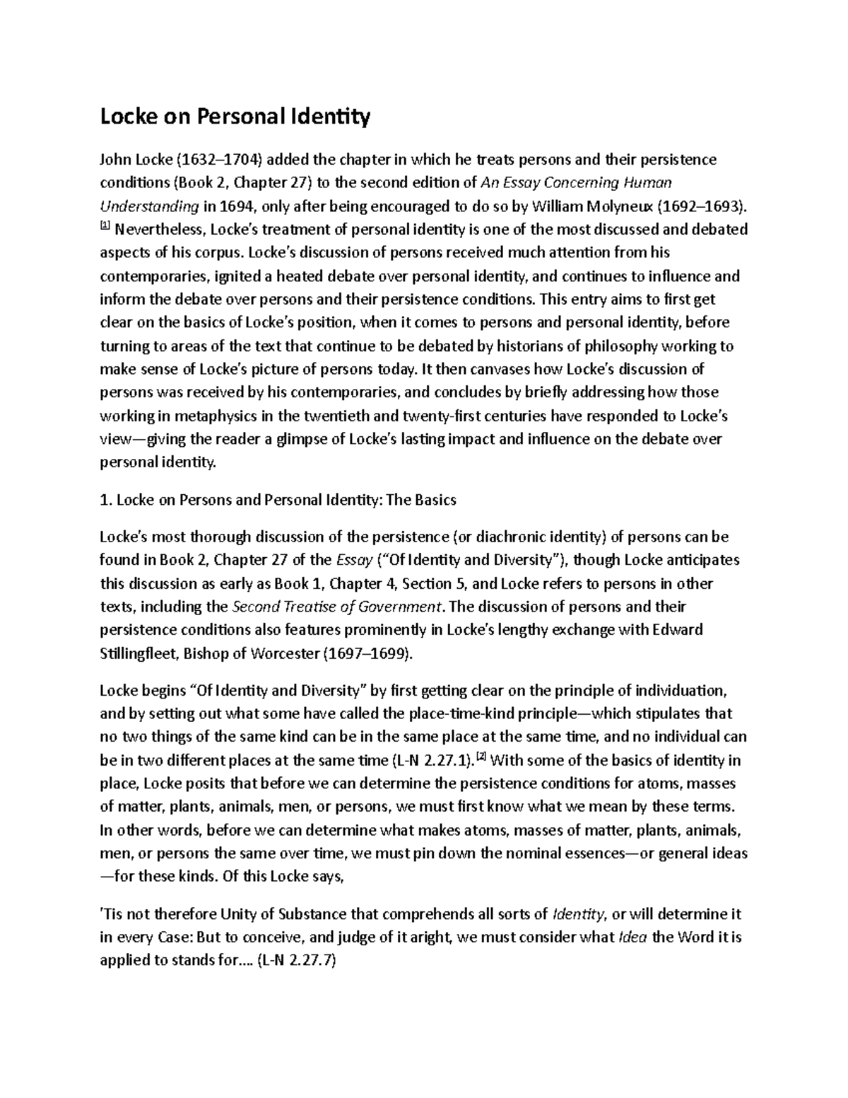 Lecture in Locke on Personal Identity - Locke on Personal Identity John ...