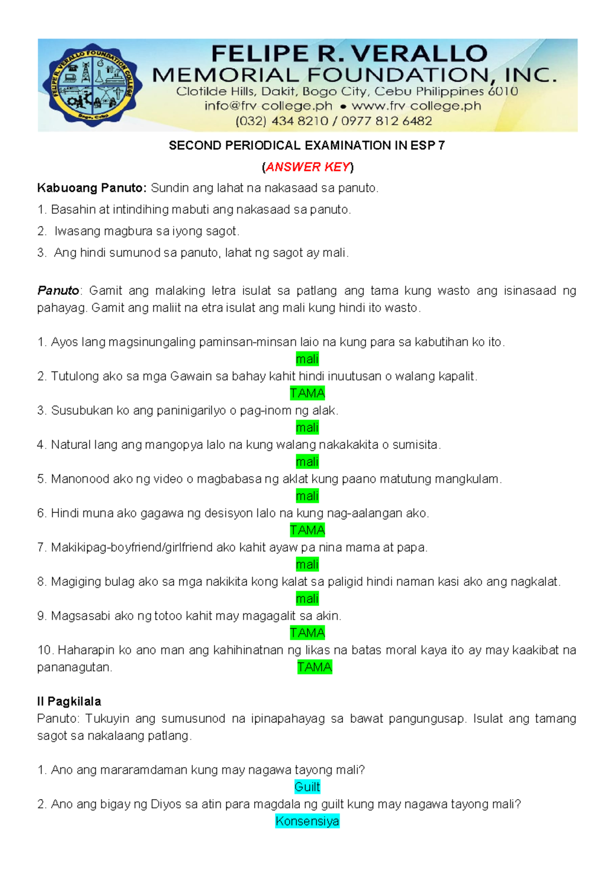 ESP ( Answer KEY) - EDUKASYON SA PAGAPAKATAO - SECOND PERIODICAL EXAMINATION IN ESP 7 (ANSWER ...