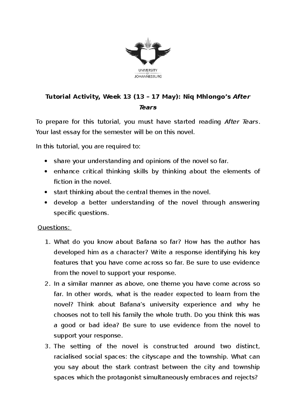 Tutorial Activity Week 13 - After Tears - Tutorial Activity, Week 13 ...