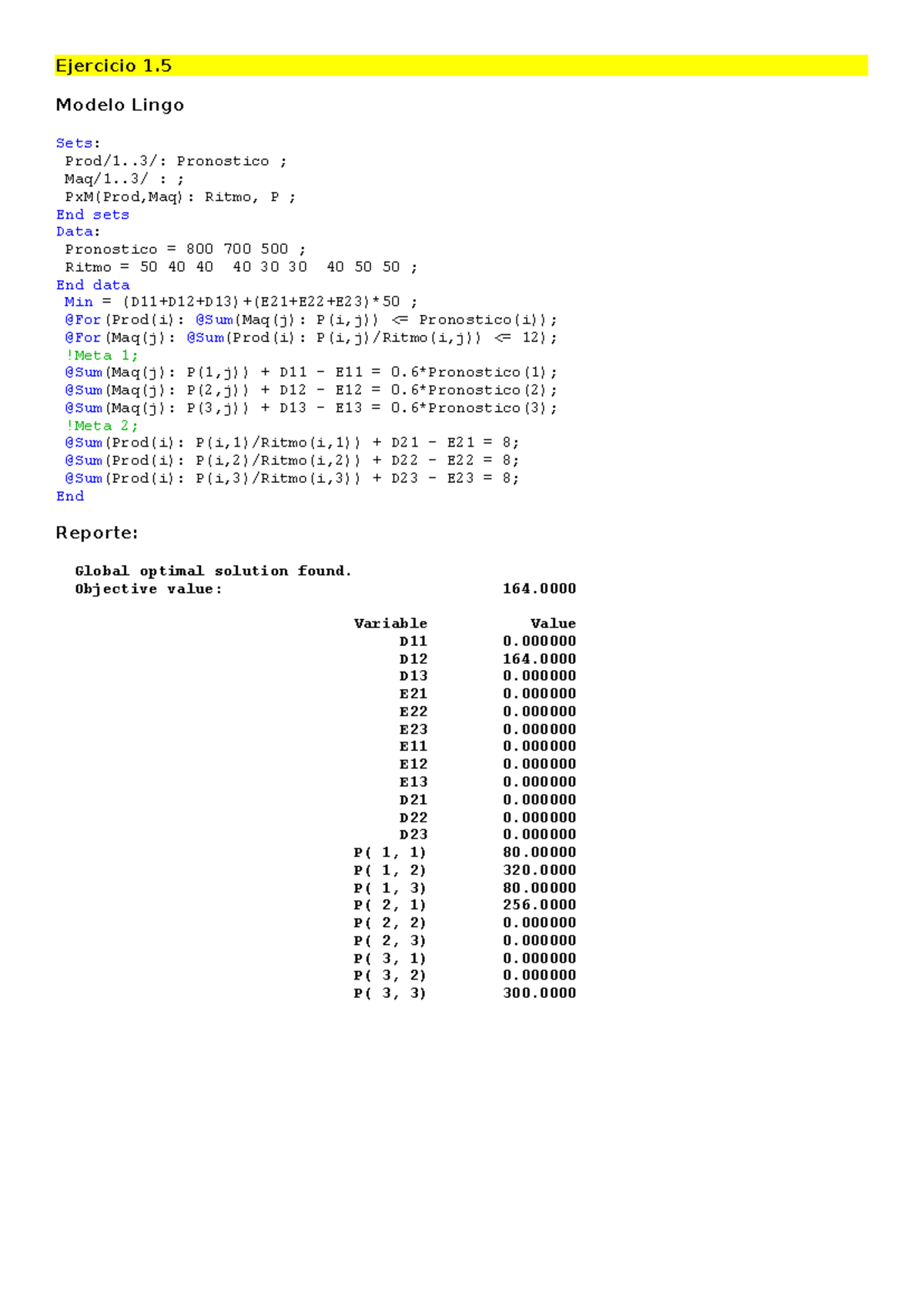 Ejercicio 1 - ninguna - Ejercicio 1. Modelo Lingo Sets: Prod/1 ...