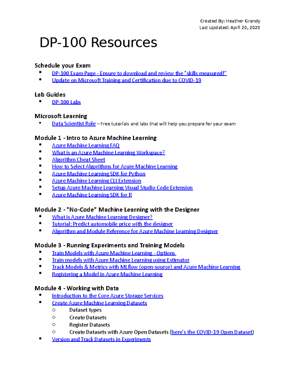 DP100Resources - Summery links for DP-100 certification Azure - Created ...