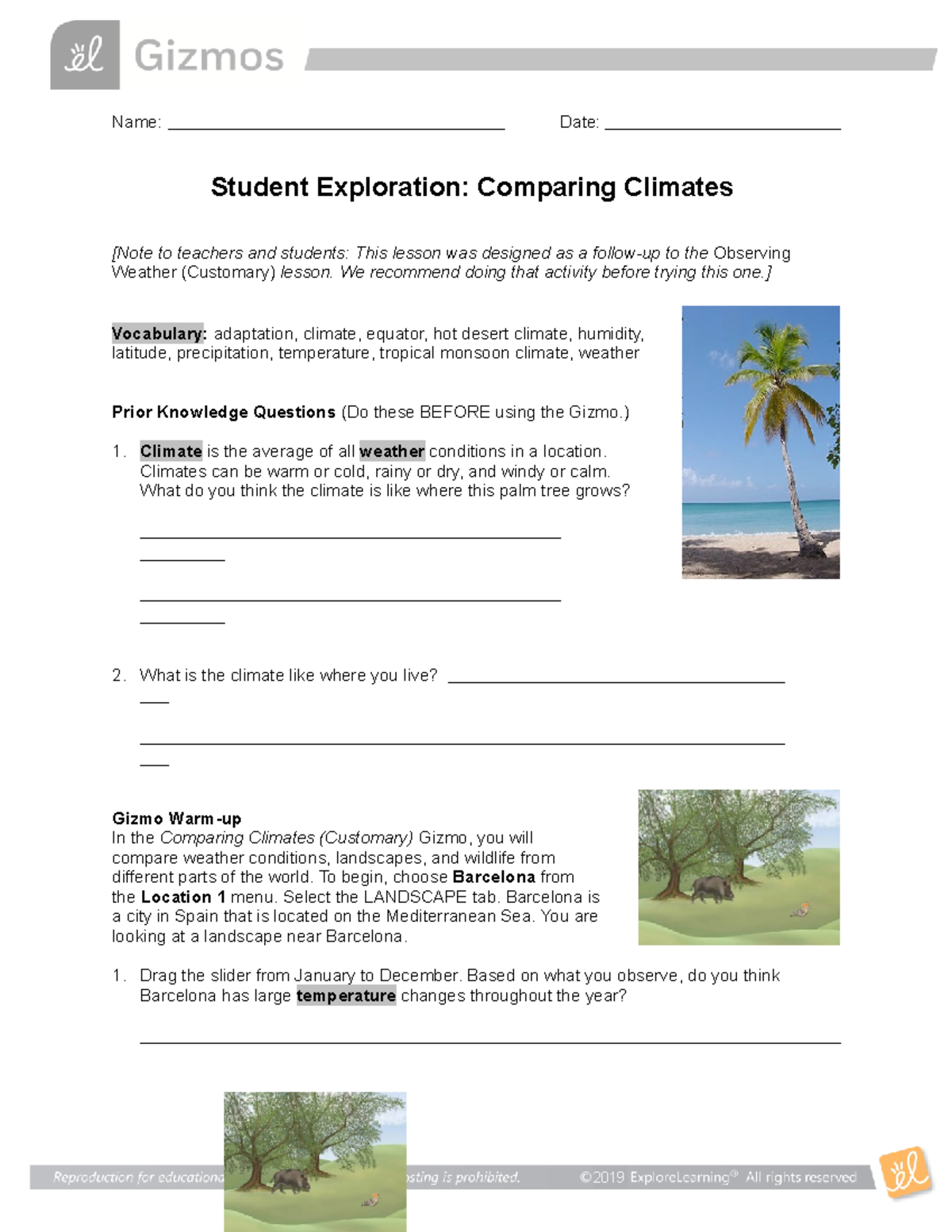 Gizmos Comparing Climates - Name: Date: Student Exploration: Comparing ...