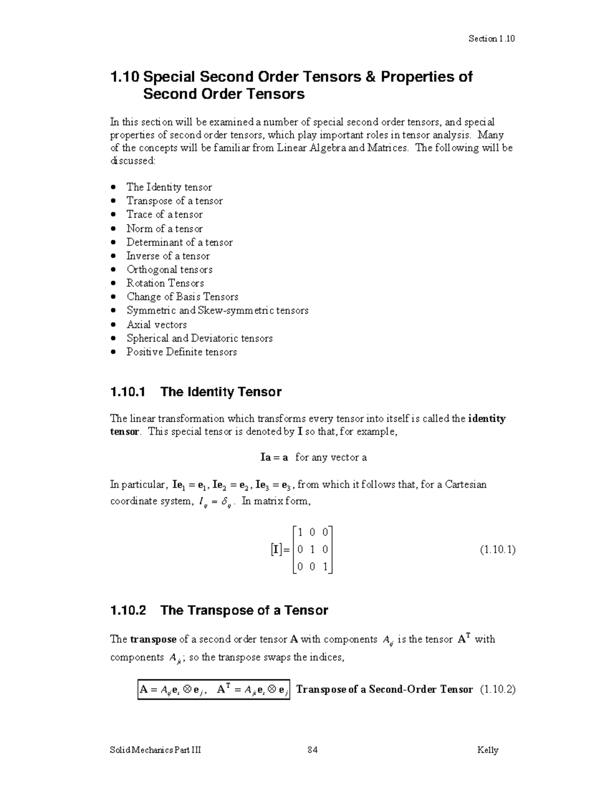1.10 Special Tensors - 1 Special Second Order Tensors & Properties of Second Order Tensors - Studocu