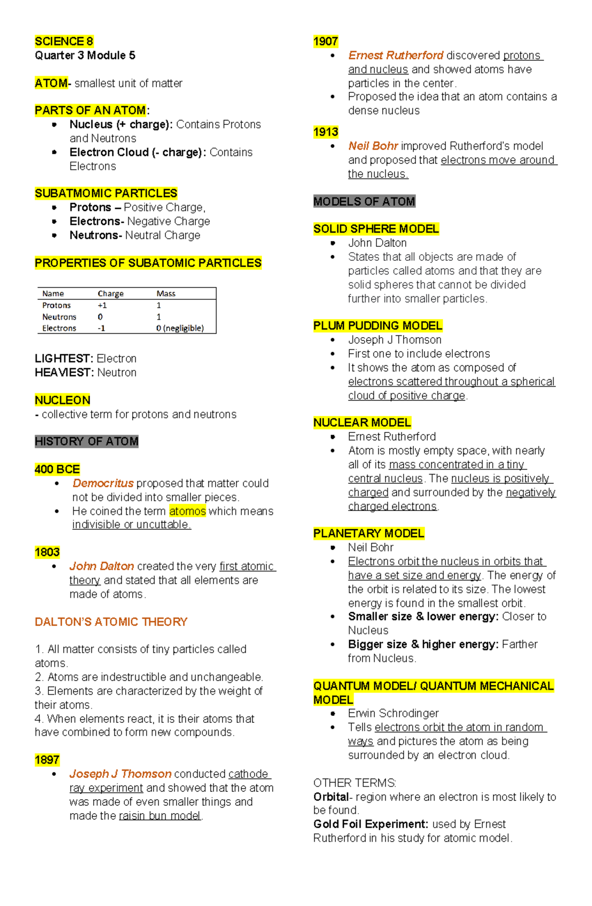Reviewer - SCIENCE 8 Quarter 3 Module 5 ATOM- smallest unit of matter ...