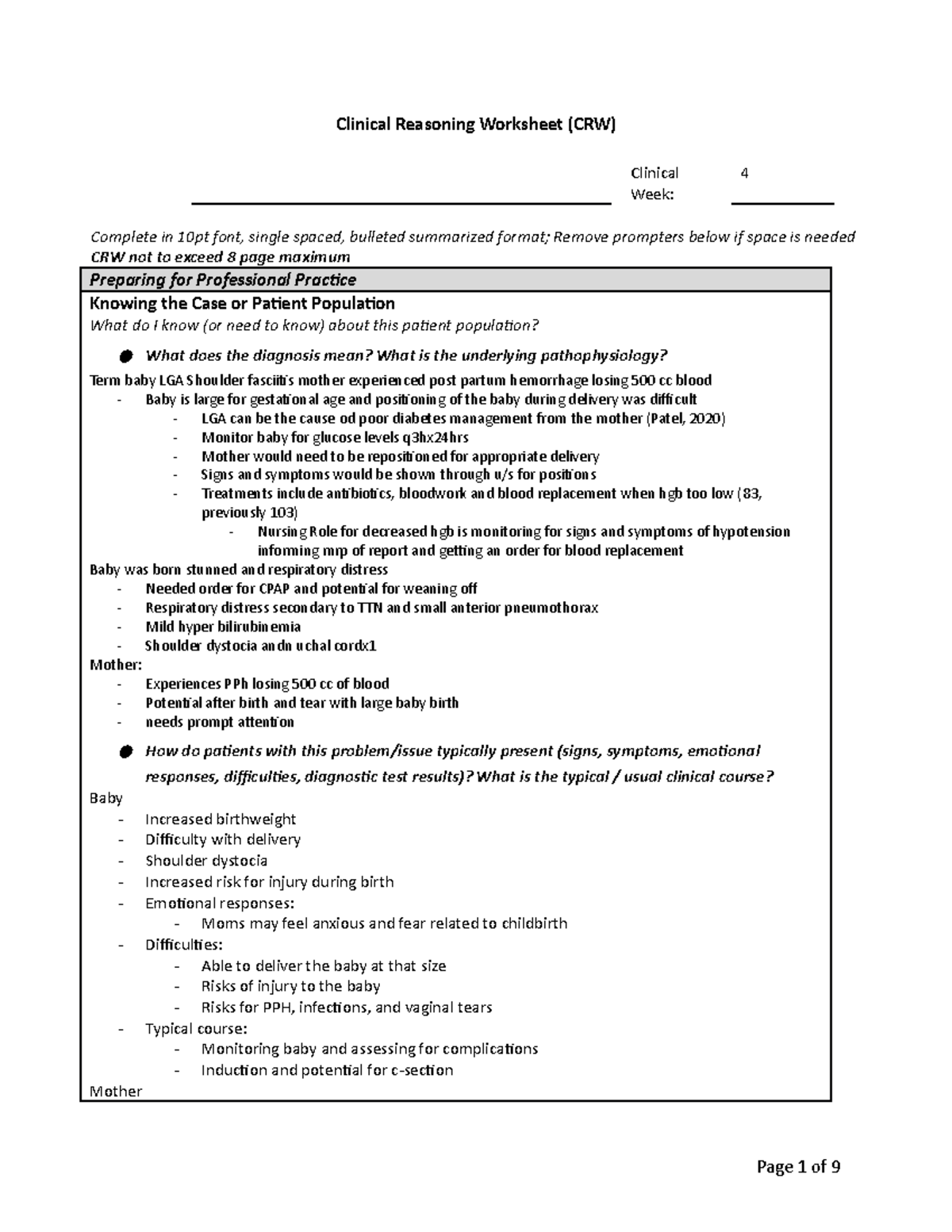 Clinical Reasoning Worksheet - .. As a Person What is my patient’s ...