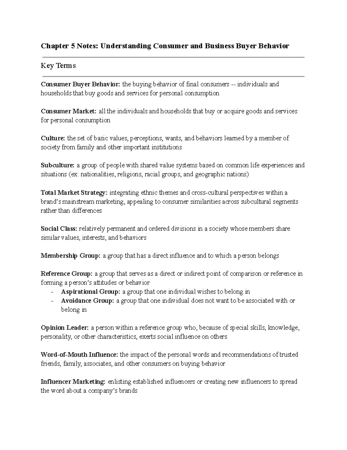 Chapter 5 Notes - Chapter 5 Notes: Understanding Consumer and Business ...