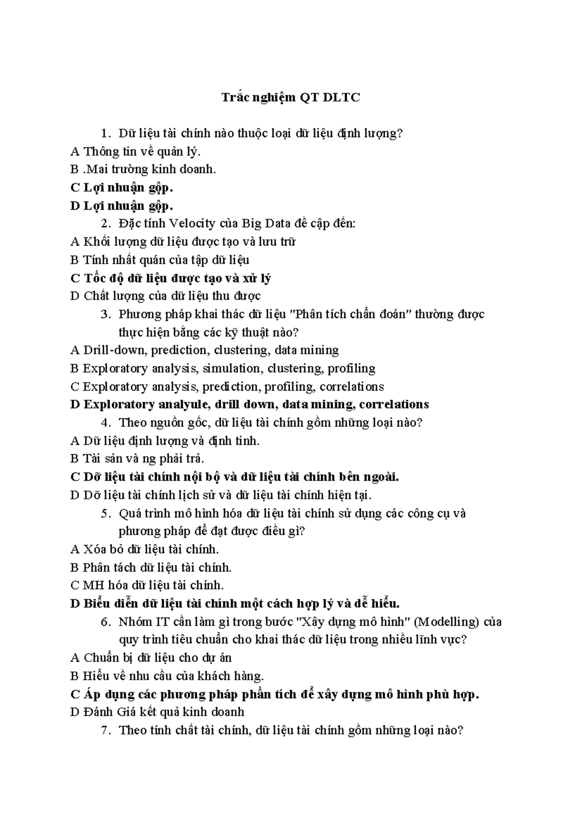 Đề cương trắc nghiệm - CXDC - Trắc nghiệm QT DLTC Dữ liệu tài chính nào ...