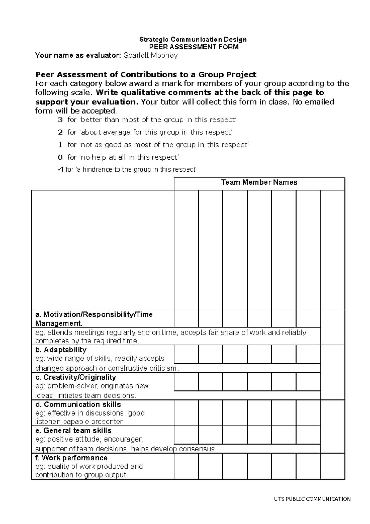 Peer Assessment Form - A1 peer evaluation - Strategic Communication ...