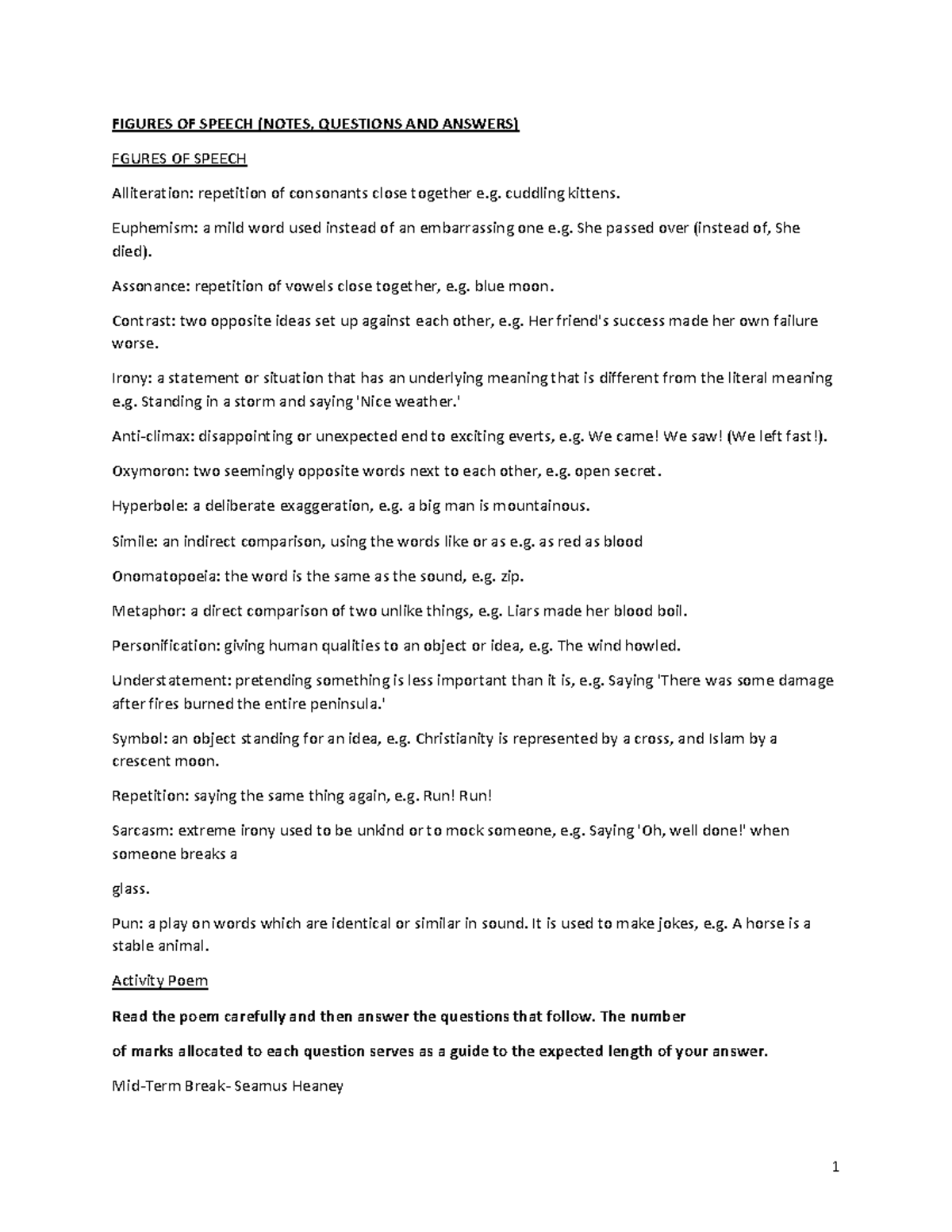 Figures OF Speech - FIGURES OF SPEECH (NOTES, QUESTIONS AND ANSWERS ...