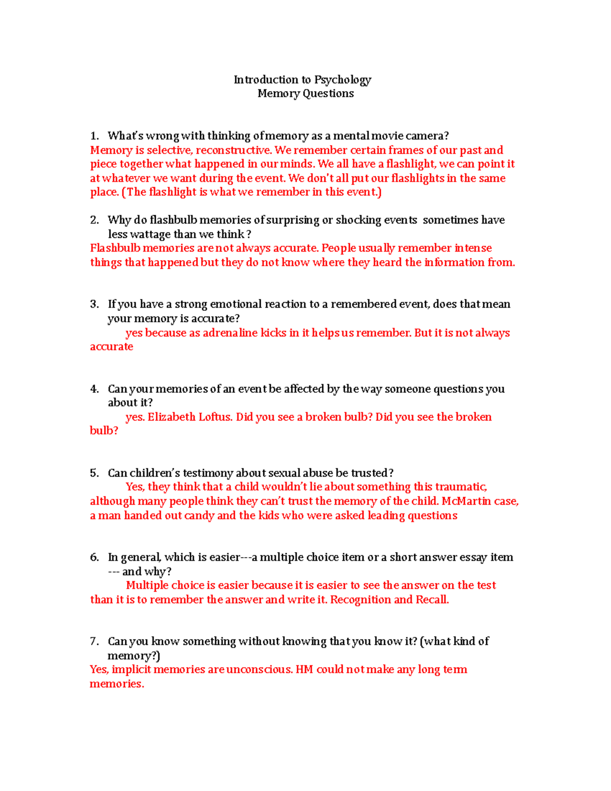 Copy of Memory questions - Introduction to Psychology Memory Questions ...
