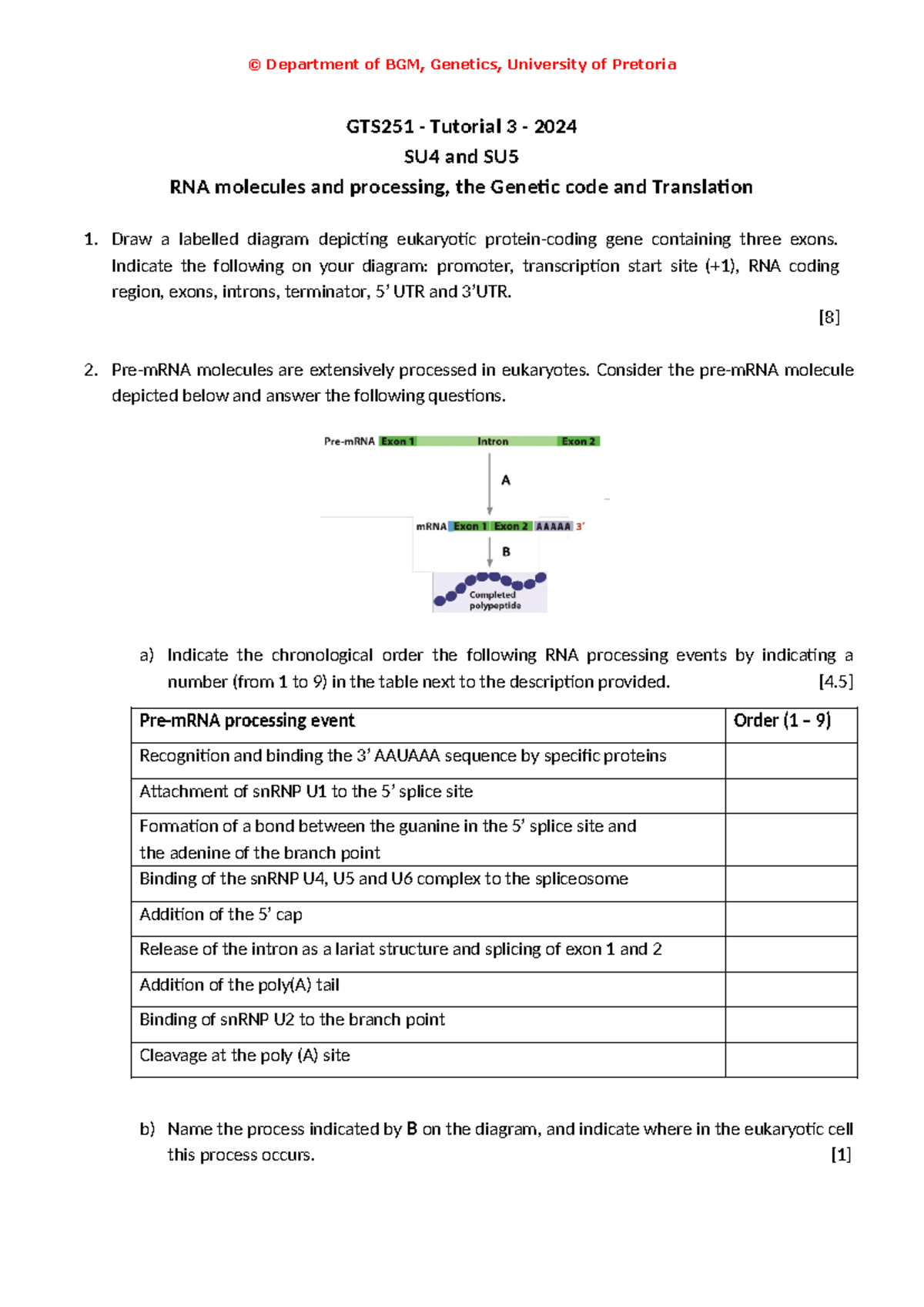 Tutorial 3 Assignment SU4&5 2024 Final - GTS251 - Tutorial 3 - 2024 SU4 and SU RNA molecules and ...