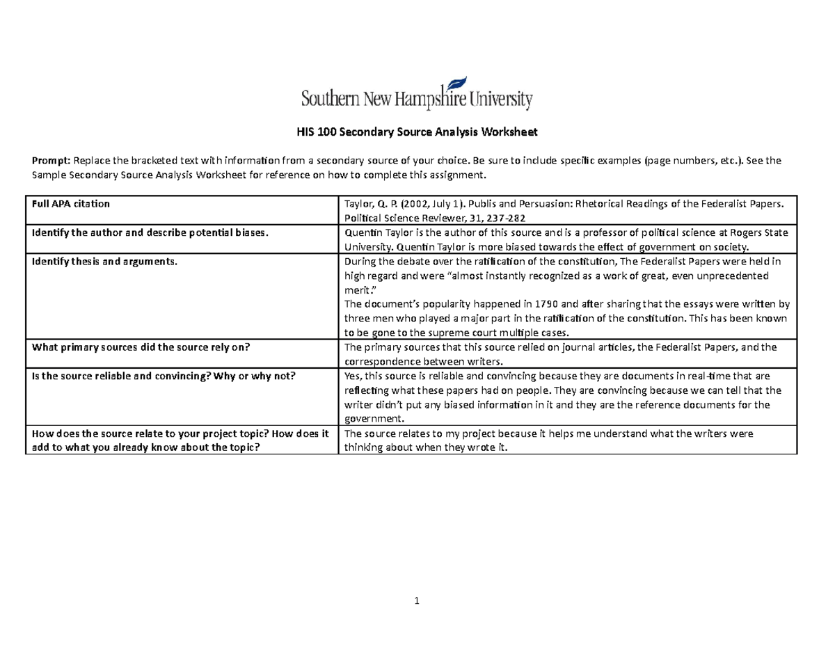 HIS 100 Secondary Source Analysis Worksheet - HIS 100 Secondary Source ...