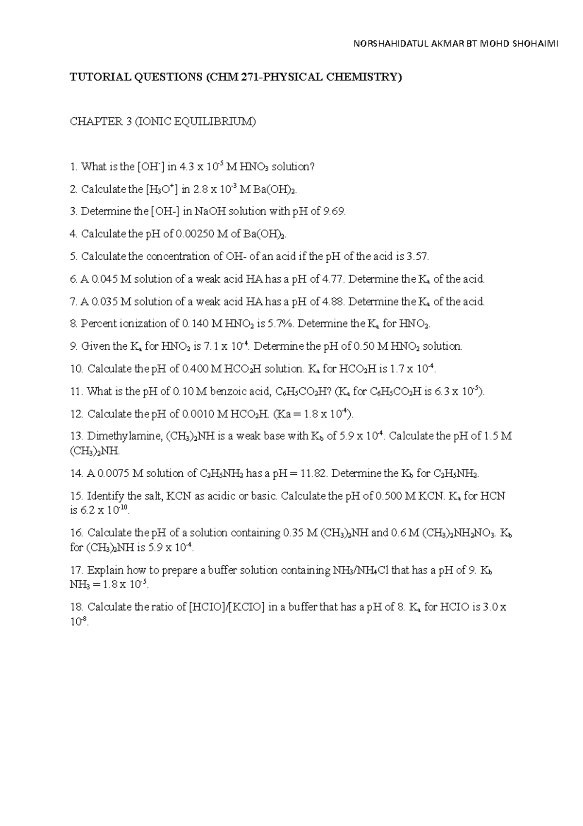 Tutorial Chapter 3 TUTO - TUTORIAL QUESTIONS (CHM 271-PHYSICAL ...