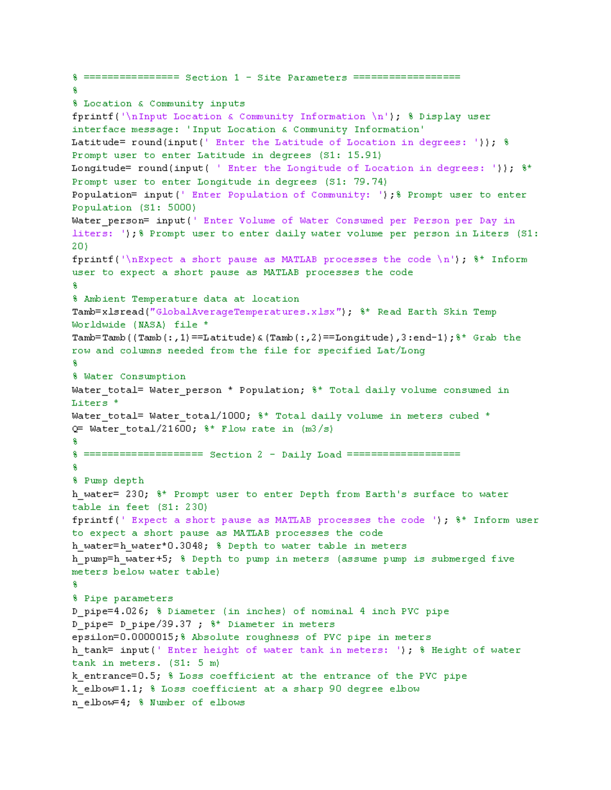 MatLab Code D90 - % ================ Section 1 - Site Parameters ...