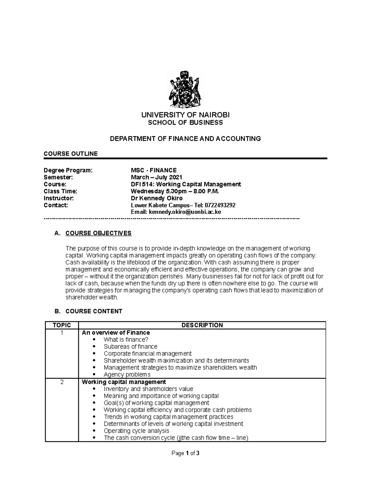 Course Outline - excellent - UNIVERSITY OF NAIROBI SCHOOL OF BUSINESS ...