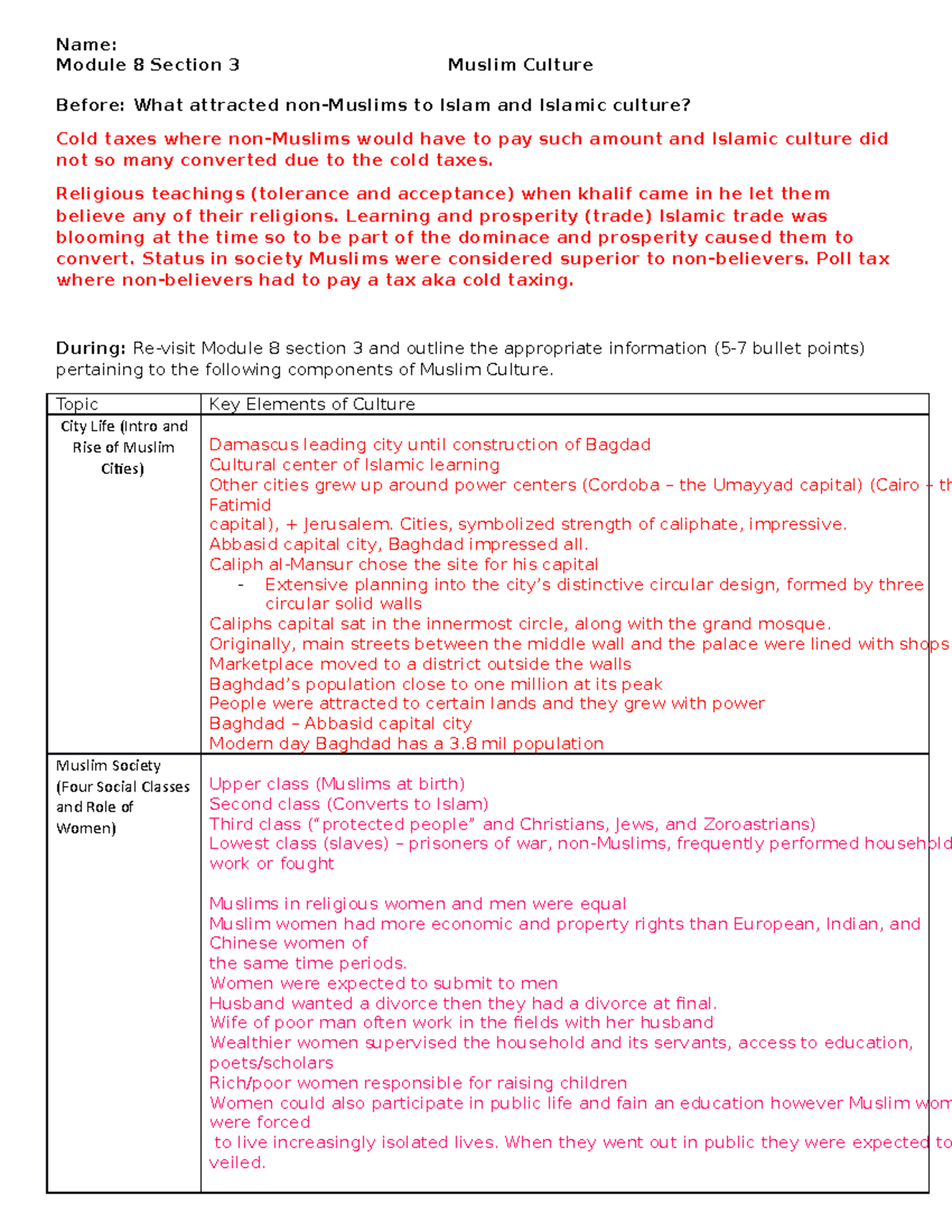 8-3+Muslim+Culture - Muslim Culture worksheet - Name: Module 8 Section ...
