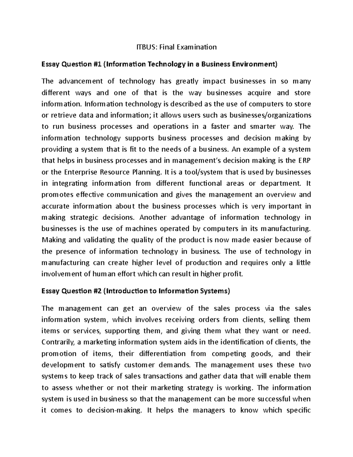 Final Essay - ITBUS: Final Examination Essay Question #1 (Information ...